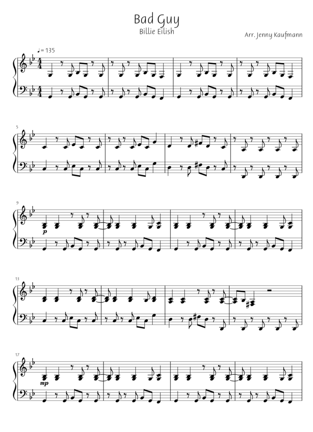 Billie Eilish Bad Guy Piano Sheet Music 