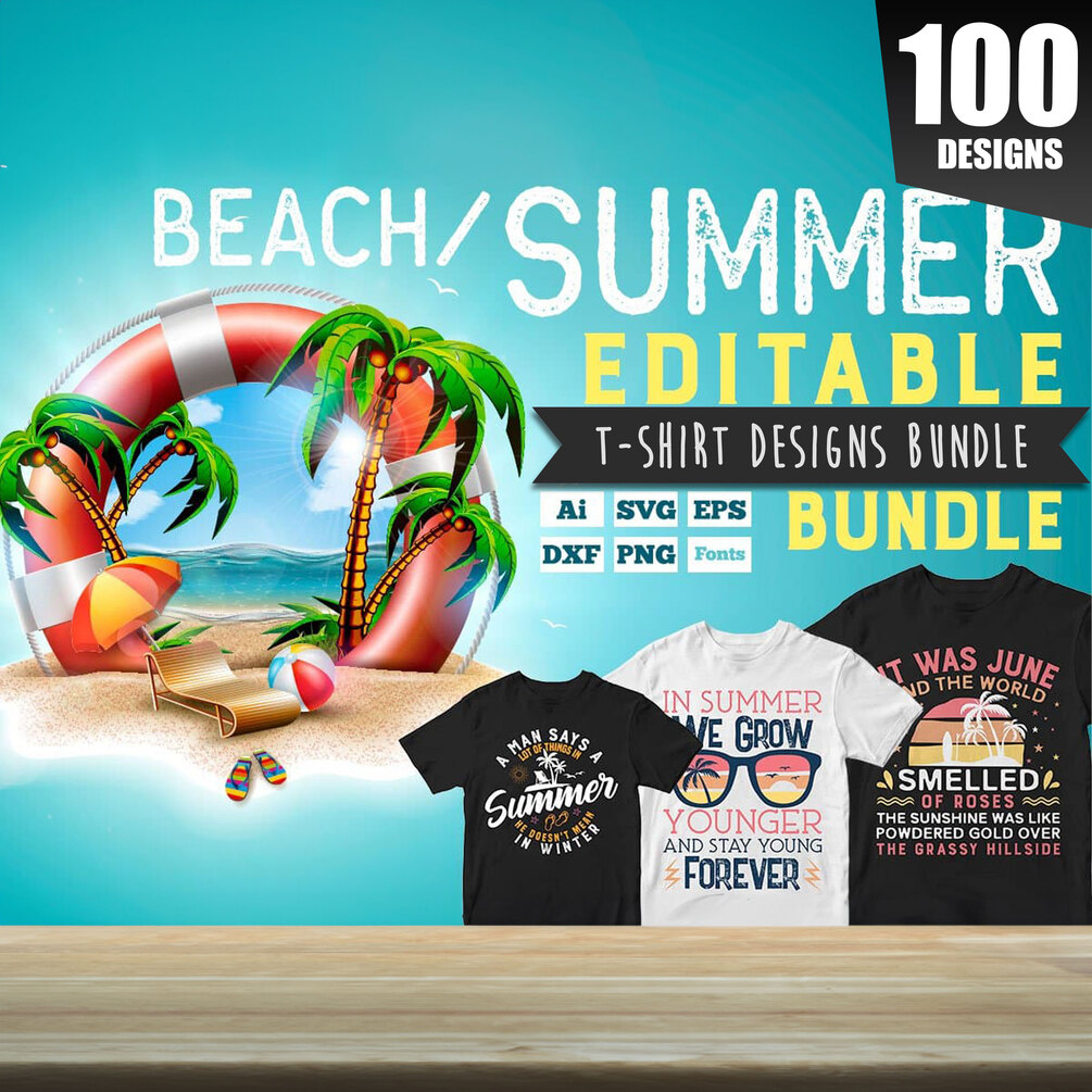 100 Editable Summer T-Shirt Designs Bundle
