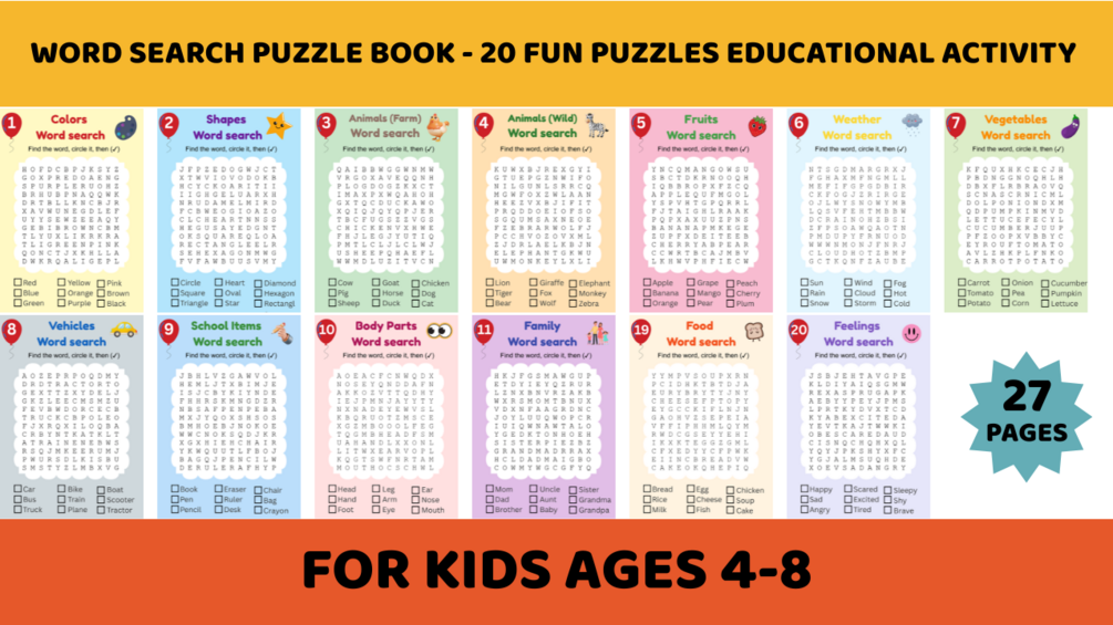 Word Search Puzzle Book for Kids Ages 4-8 | 20 Fun Puzzles + Solutions ...