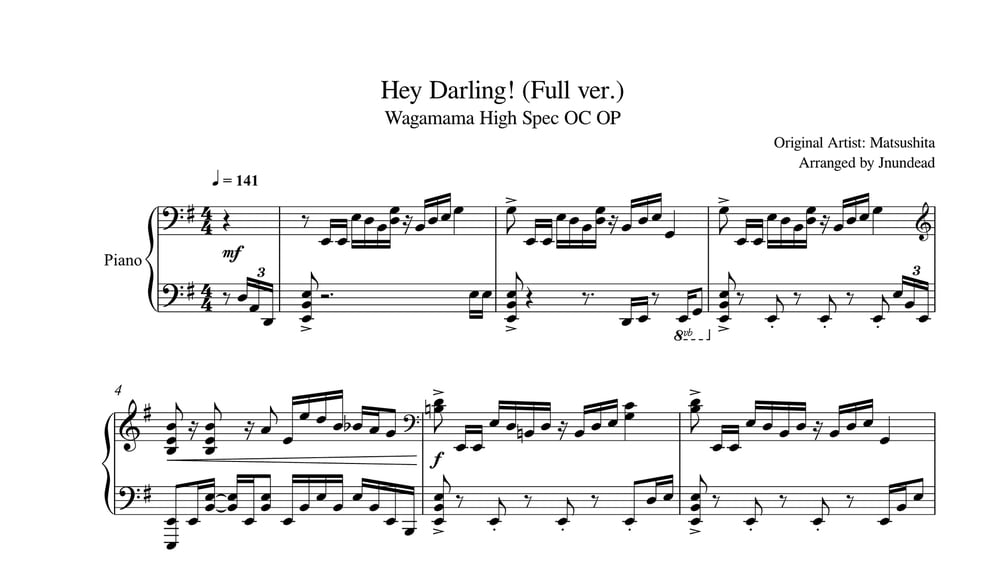 [Wagamama High Spec OC OP] Hey Darling! (Full ver.) Piano Arrangement