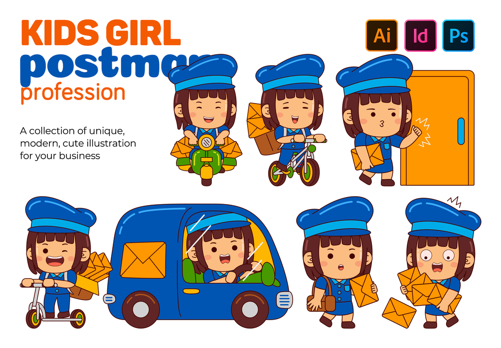 Cute Girl Postman Profession Vector Pack