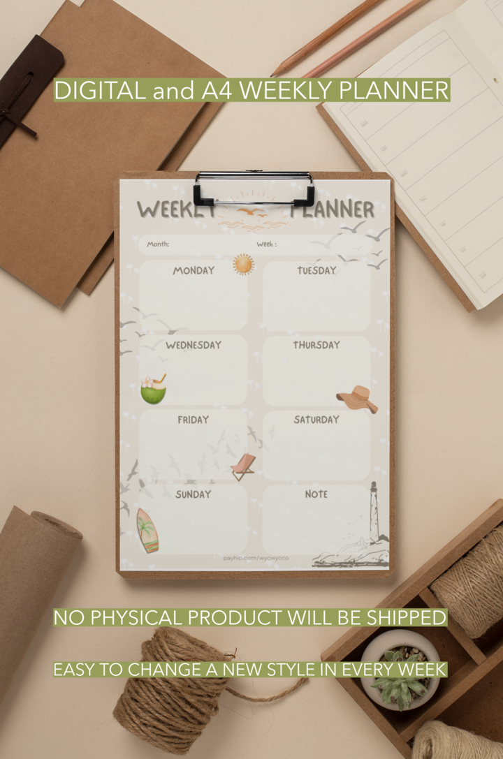 Beach elements, Digital and A4 Weekly Planner, Planner Template ...
