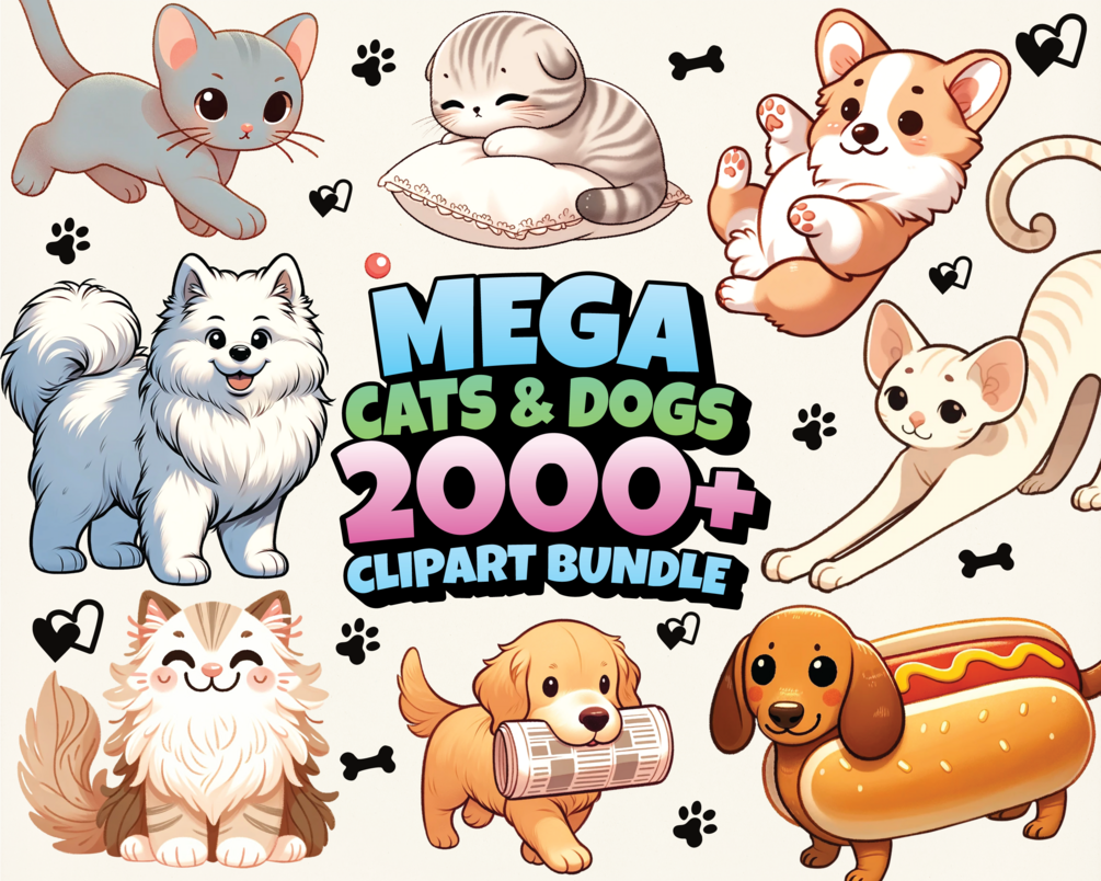 Mega Cats and Dogs Clipart Bundle | 2000+ High Quality 300DPI Images ...