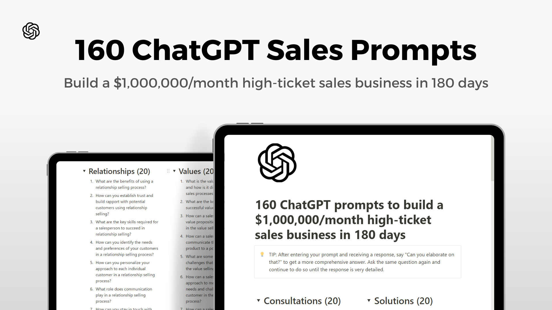 160 free ChatGPT prompts to build a $1,000,000/month high-ticket sales business in 180 days ...