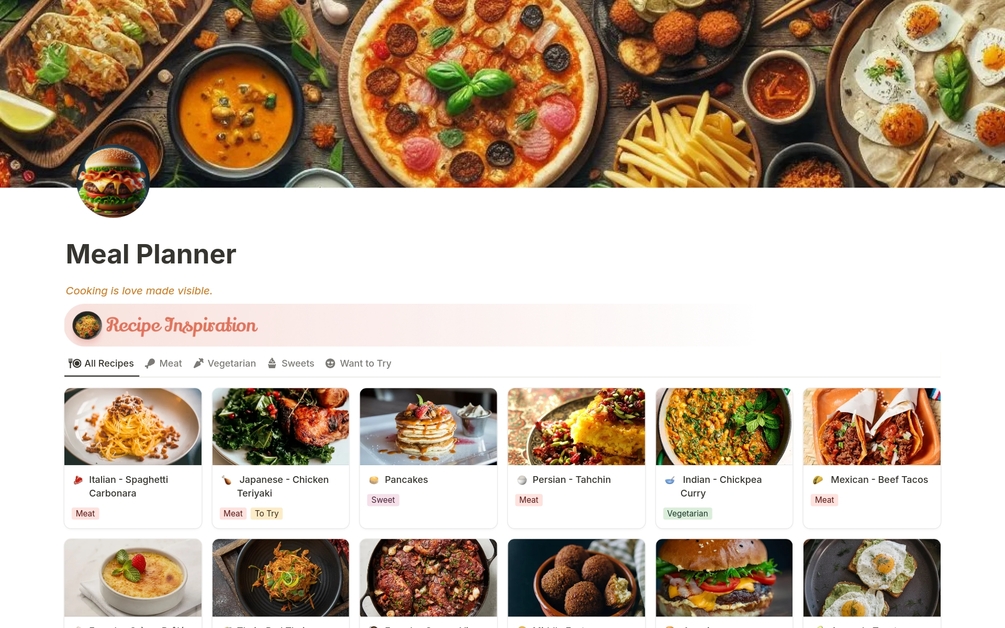 Aesthetic Meal Planner | Notion Template for Recipes, Grocery Lists ...