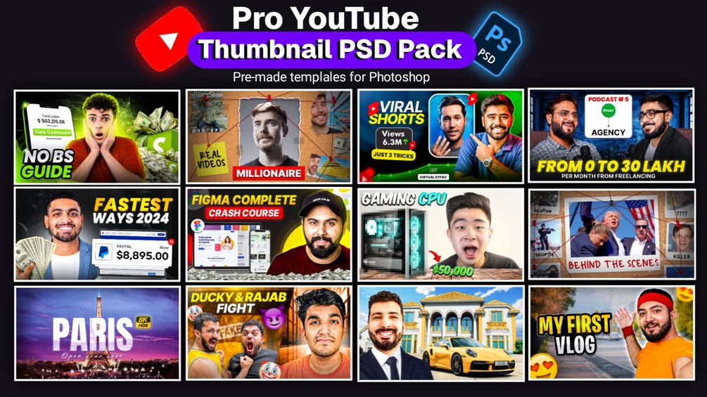 🎨 400+ Premium YouTube Thumbnail PSD Mega Pack