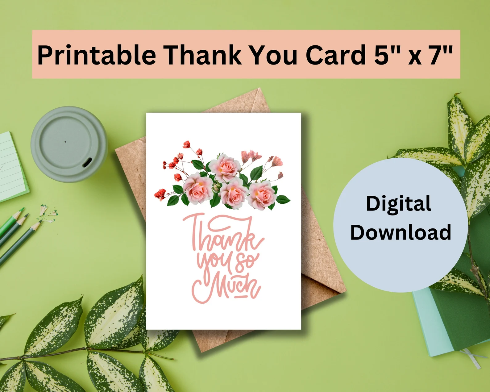 Digital Download for Printable Thank You Card with Floral Design ...