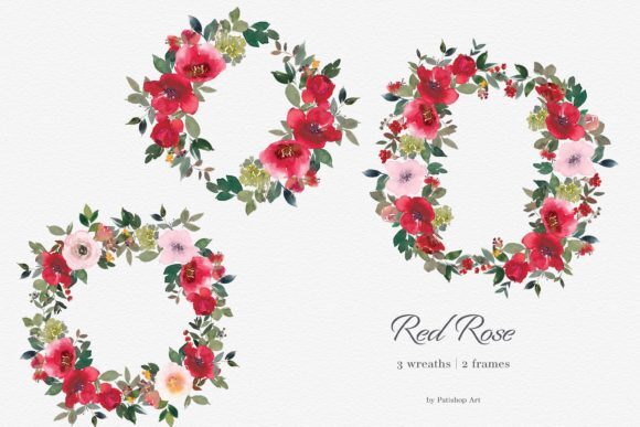 Watercolor Red Rose Clipart Set