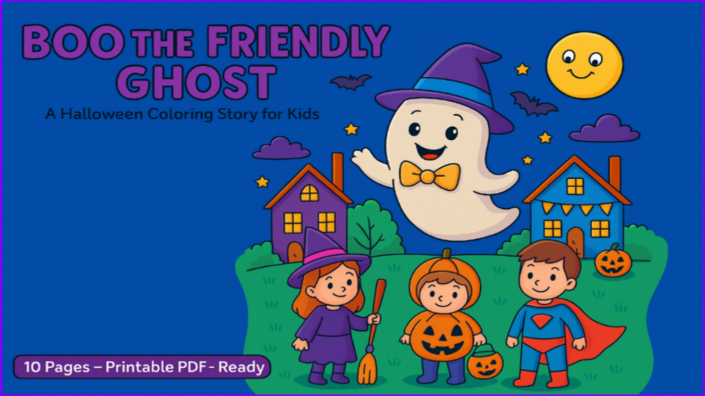 Boo the Friendly Ghost – Printable Halloween Coloring Book (10 Pages, PDF)