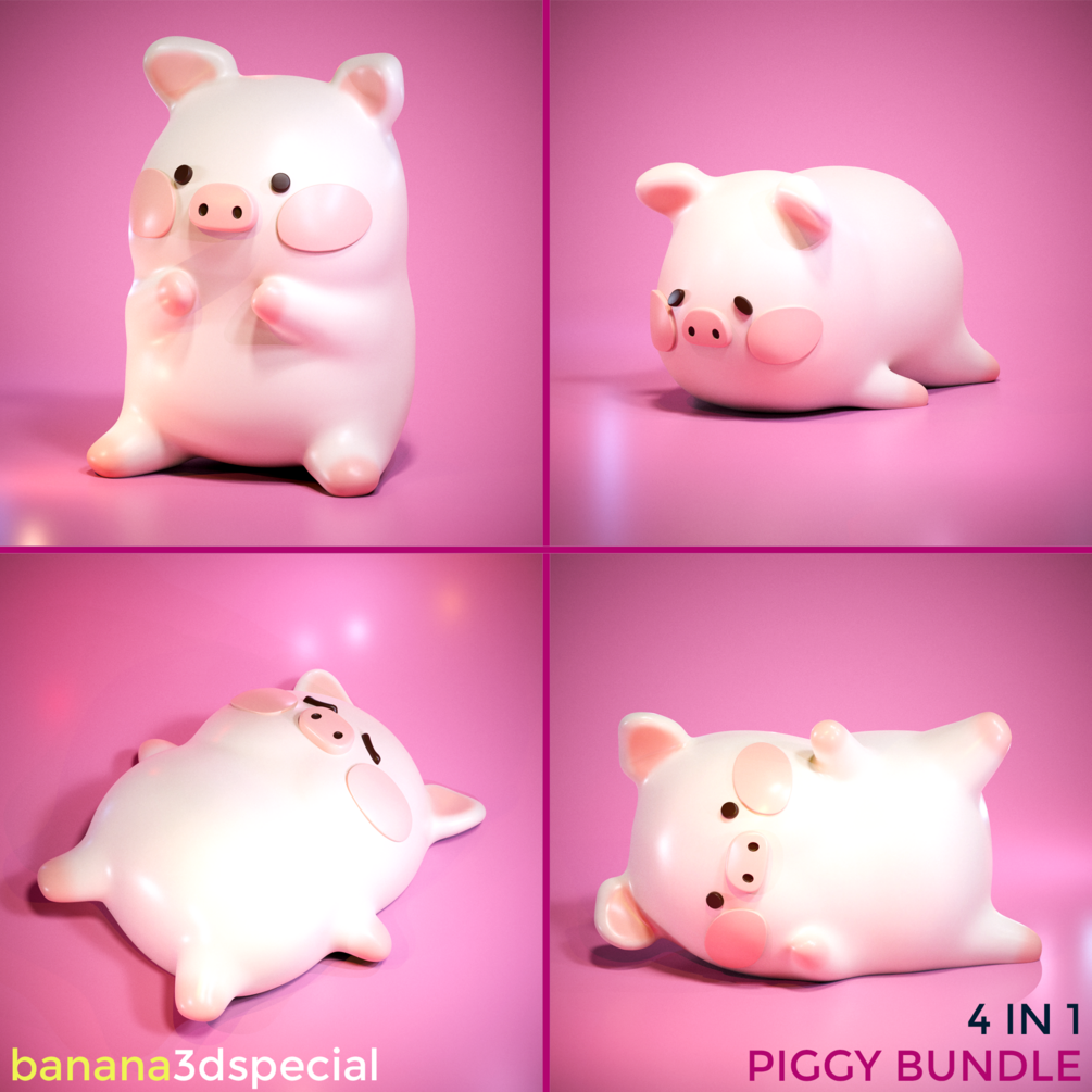 Cute Chibi Mini Piggy Bundle - 4 in 1 - For 3D Printing