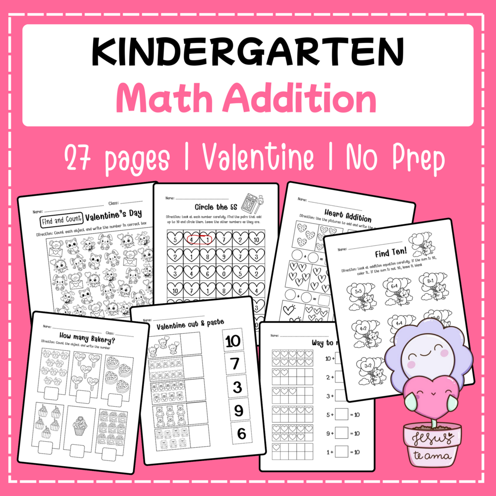 Valentine Day Math Addition and Counting Kindergarten Worksheets Number ...