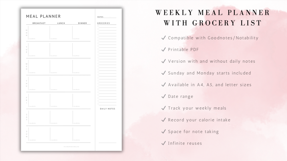 Digital Weekly Meal Planner with Grocery List and Daily Notes
