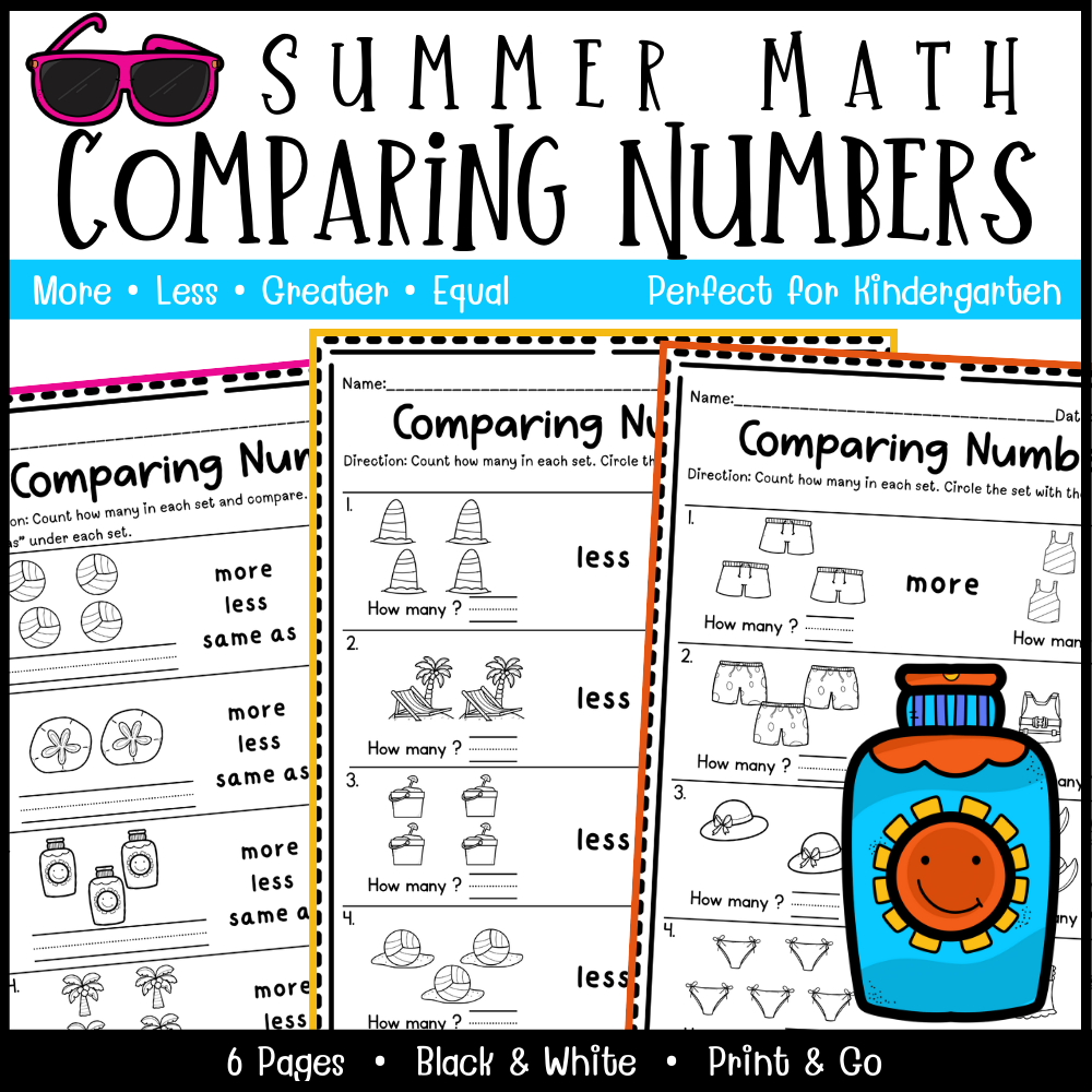 Summer Math Comparing Numbers Printable | Kindergarten Number Sense ...