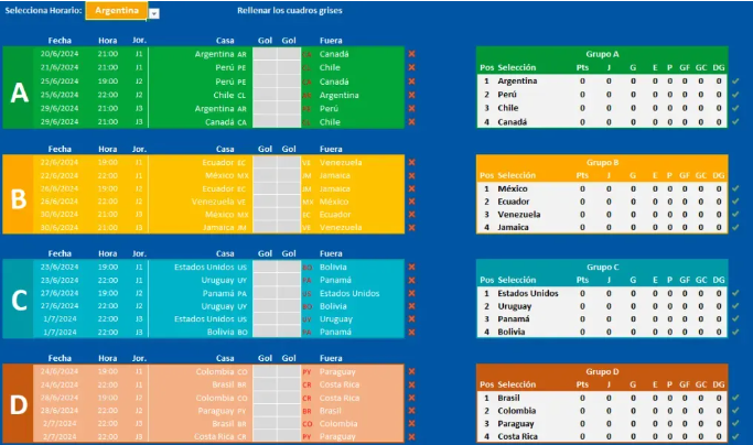 Fixture Copa America 2024 en Excel