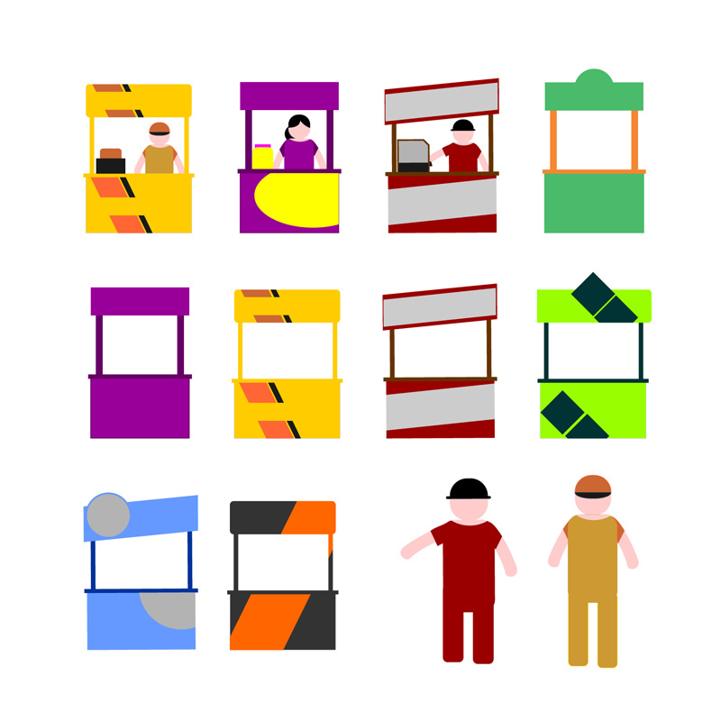Food cart stalls, kiosk icon set vector