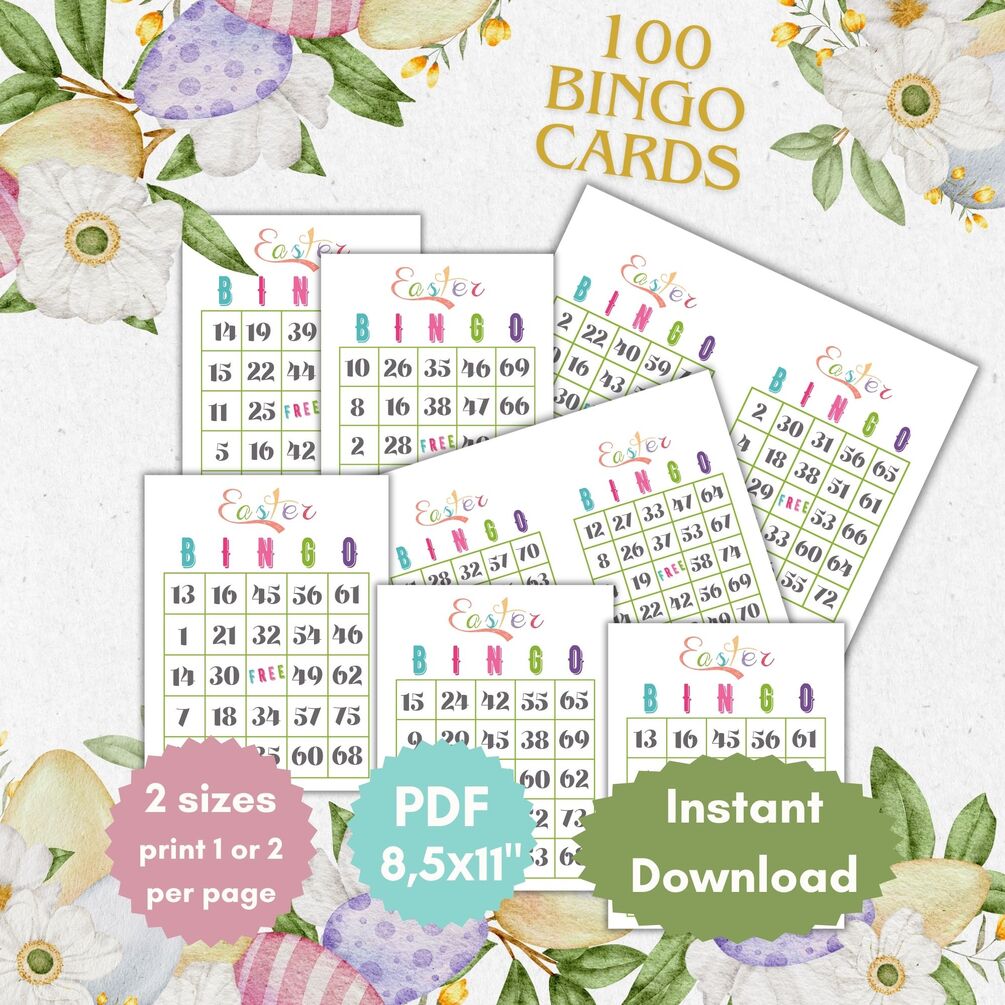 100 Bingo cards game Easter Party Family Game Kid's Activities Spring ...