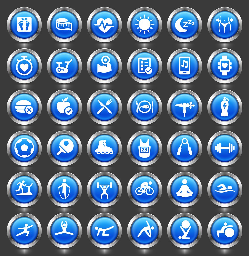 Set of 36 Vector Fitness and Diet Icons on Round Buttons.