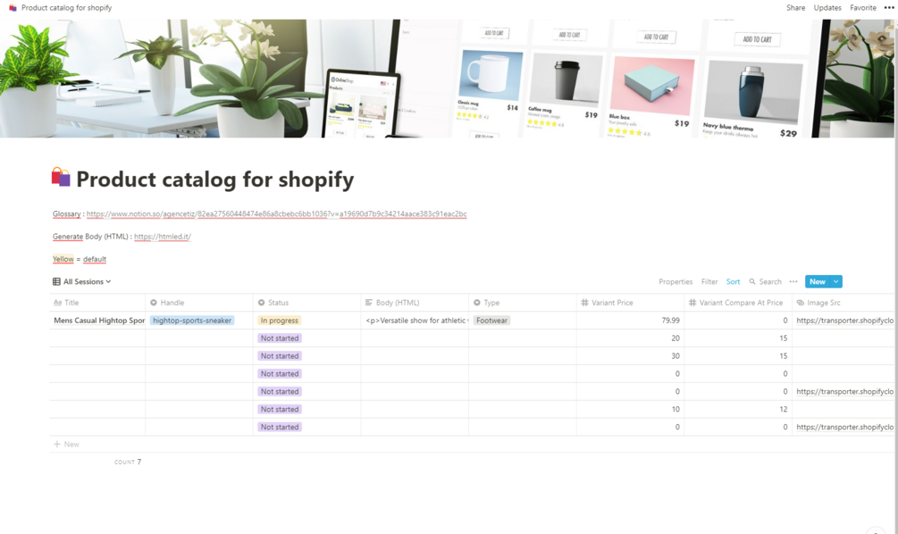 Notion Product Catalog Template for Shopify
