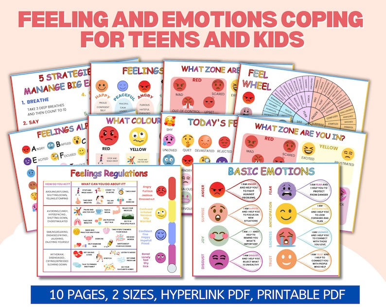 Feelings Emotions Coping Skills Bundle Set for Teens Kids 10 pgs