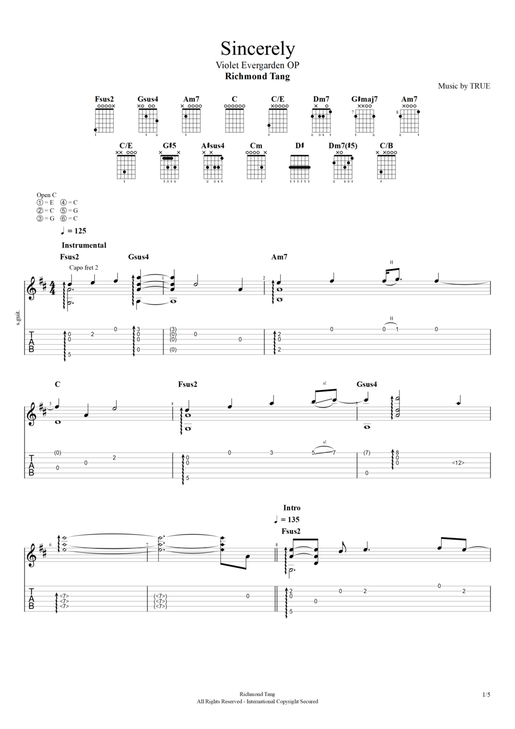 《Guitar Tabs》Sincerely | Arr by Richmond Tang