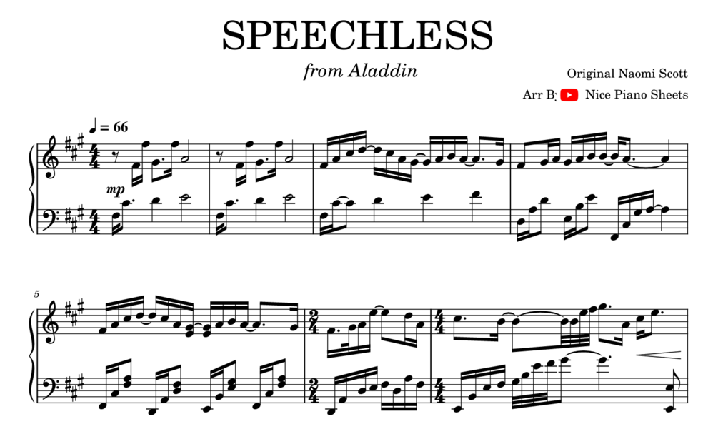 Speechless (Aladdin OST)｜迪士尼電影【阿拉丁】插曲｜原Key 高還原純鋼琴版｜Nicepianosheets Ver.