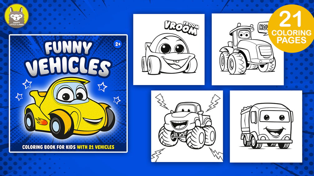 Funny Vehicles Coloring Book for Kids Printable PDF With Cars, Trucks ...