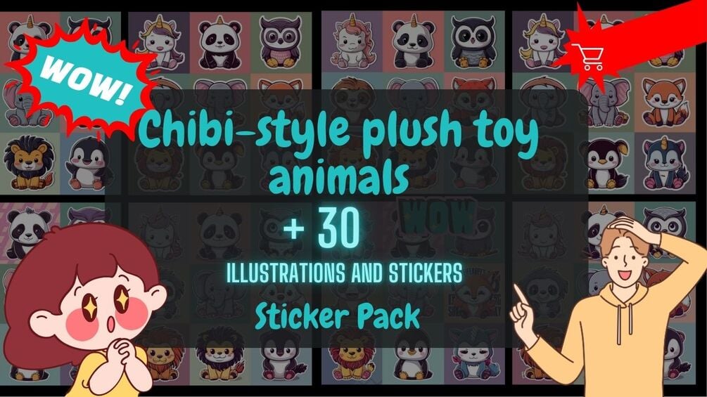 more than 30 Sticker Chibi-Style Plush Toy Animals Pack - Vector Art ...
