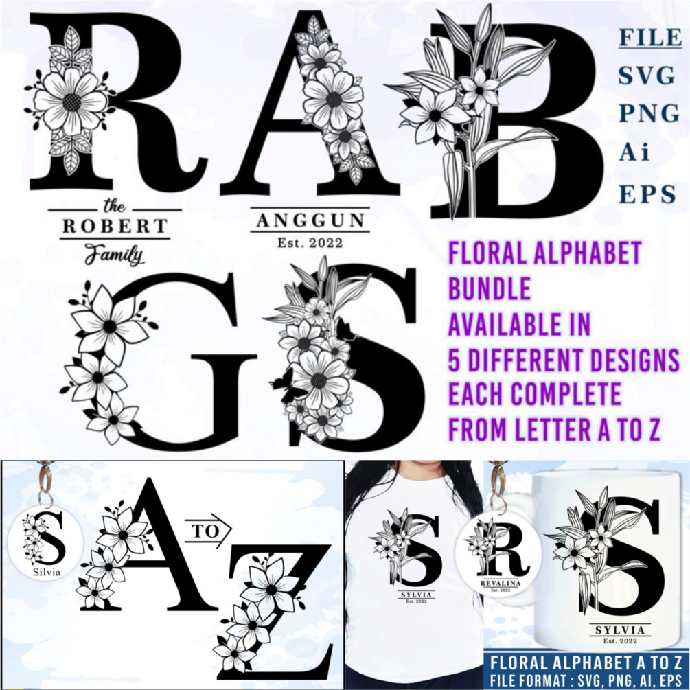 Floral Monogram Letters SVG Designs Bundle, Flowers Monogram Font SVG ...