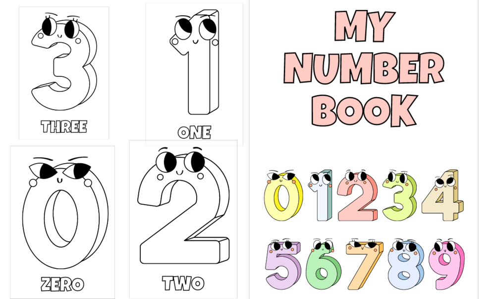 Cartoon Number Coloring Book Worksheet