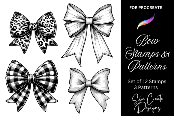 Bow Stamps & Patterns for Procreate – Set of 12 Stamps & 3 Patterns