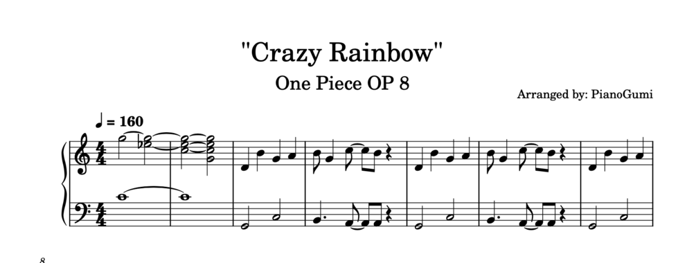 One Piece OP 8 - "Crazy Rainbow" - EASY Piano Sheet Music