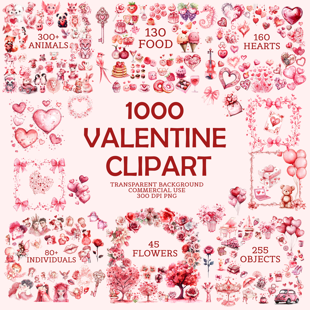 1000 Valentine Day Clipart set 300 DPI 5000 x 5000px Transparent Background