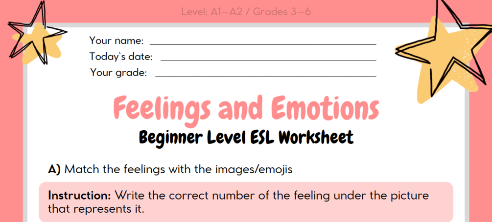Feelings & Emotions ESL Worksheet (Beginner A1-A2)