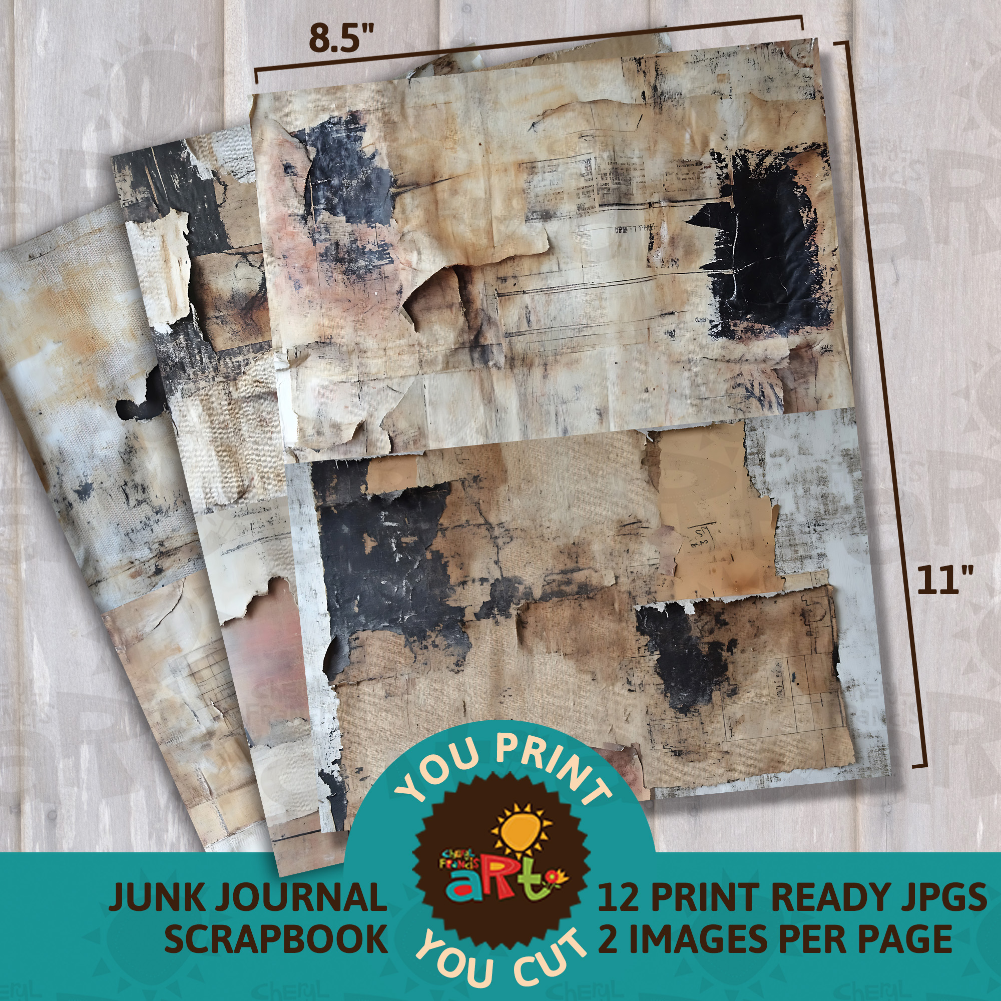 24 pc Grungy Texture Style 3 Collage Printable Junk Journal Horizontal ...