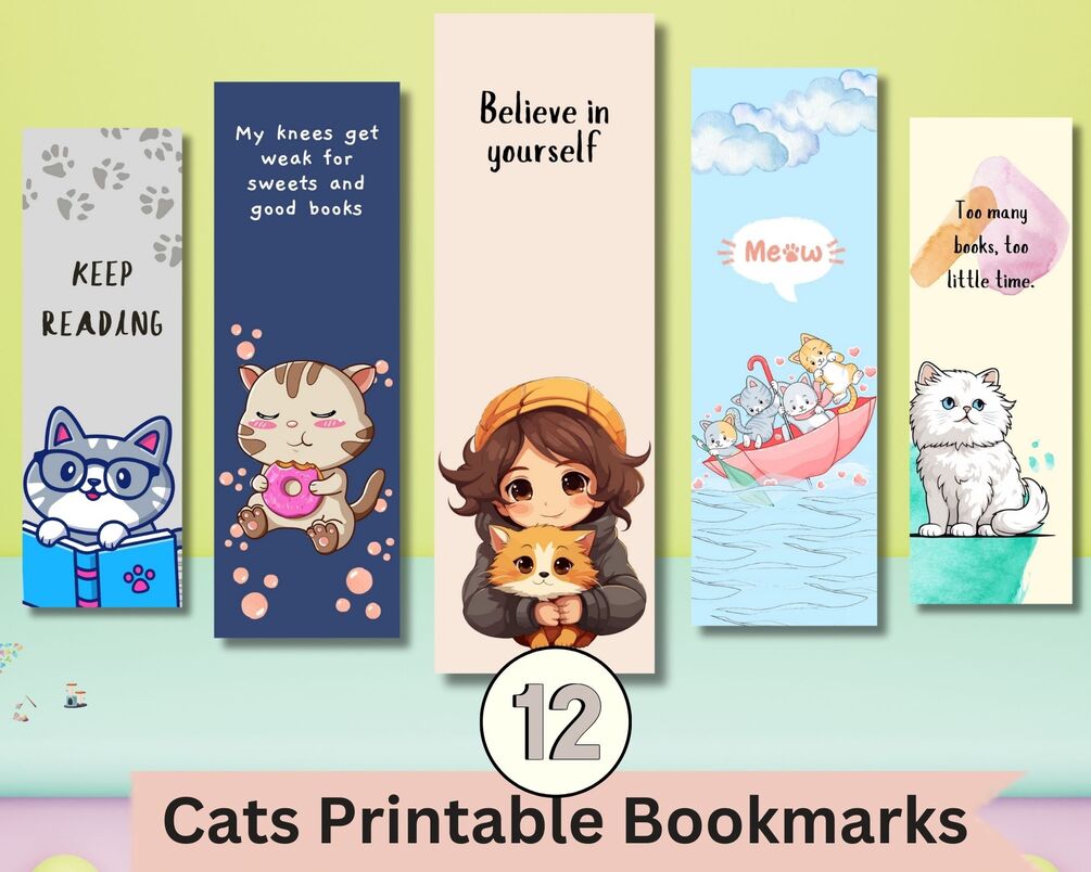 12 Printable cute cat Bookmarks | Digital Downloads