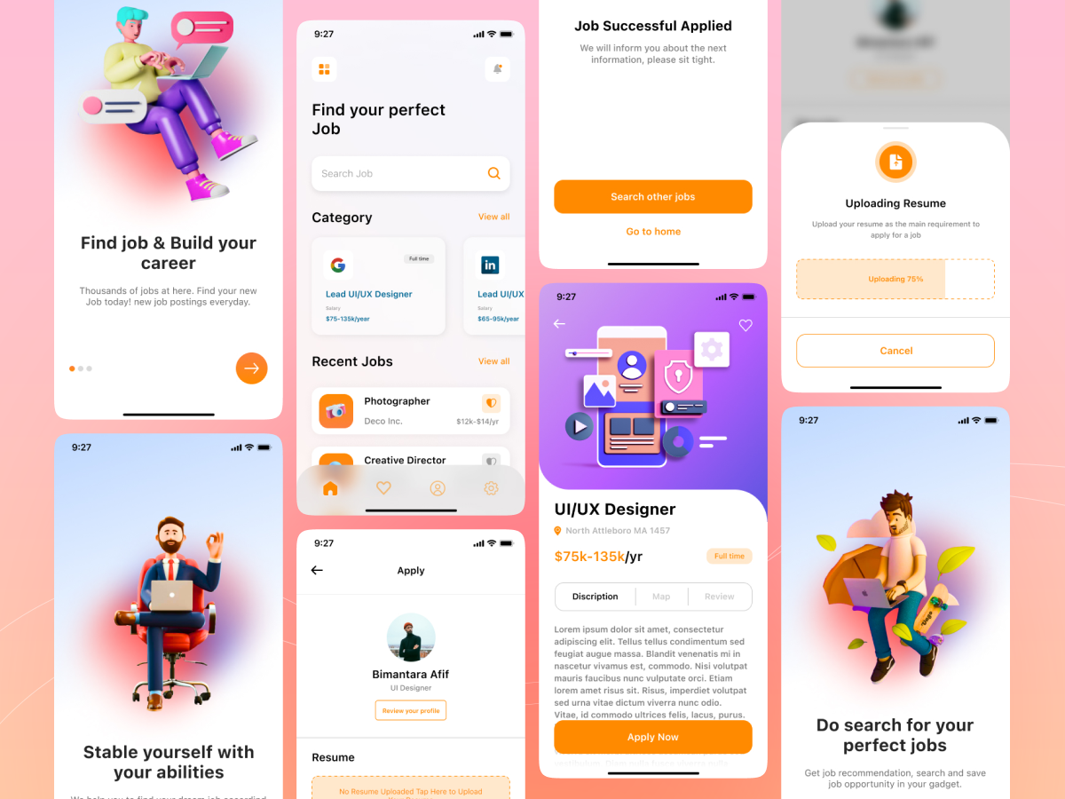 Find Job Mobile App UX UI Design Kit With Mockup