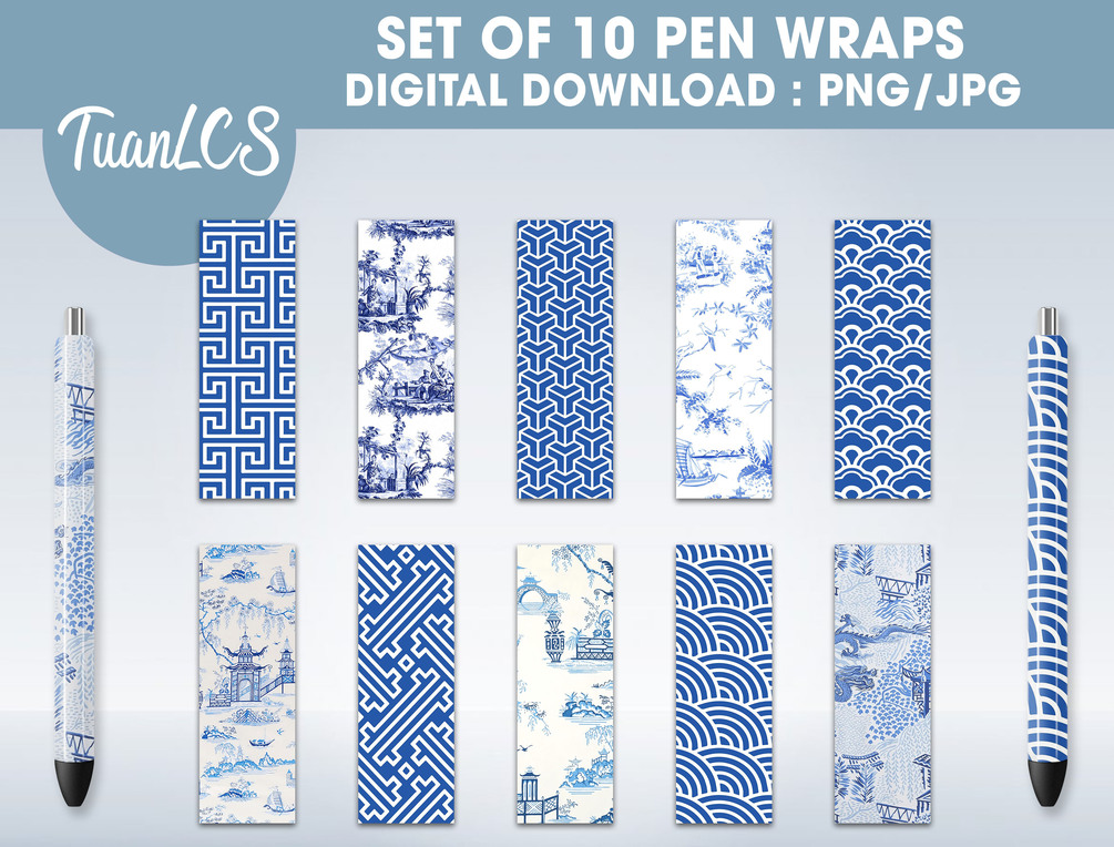 Set of 10 Chinoiserie Pen Wraps Bundle PNG , Asian Motifs Pen Wraps ...