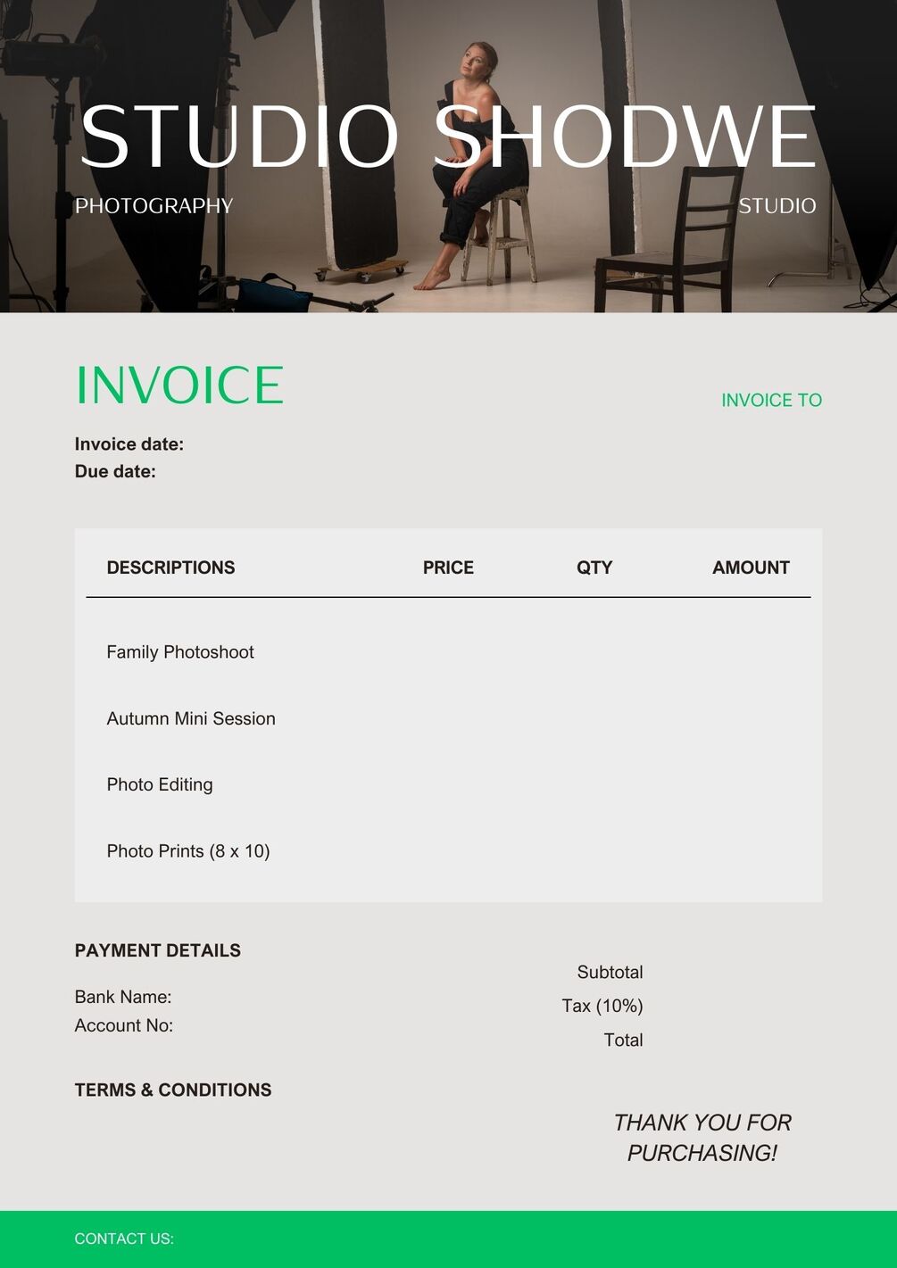 Grey Black Simple Photography Studio Invoice