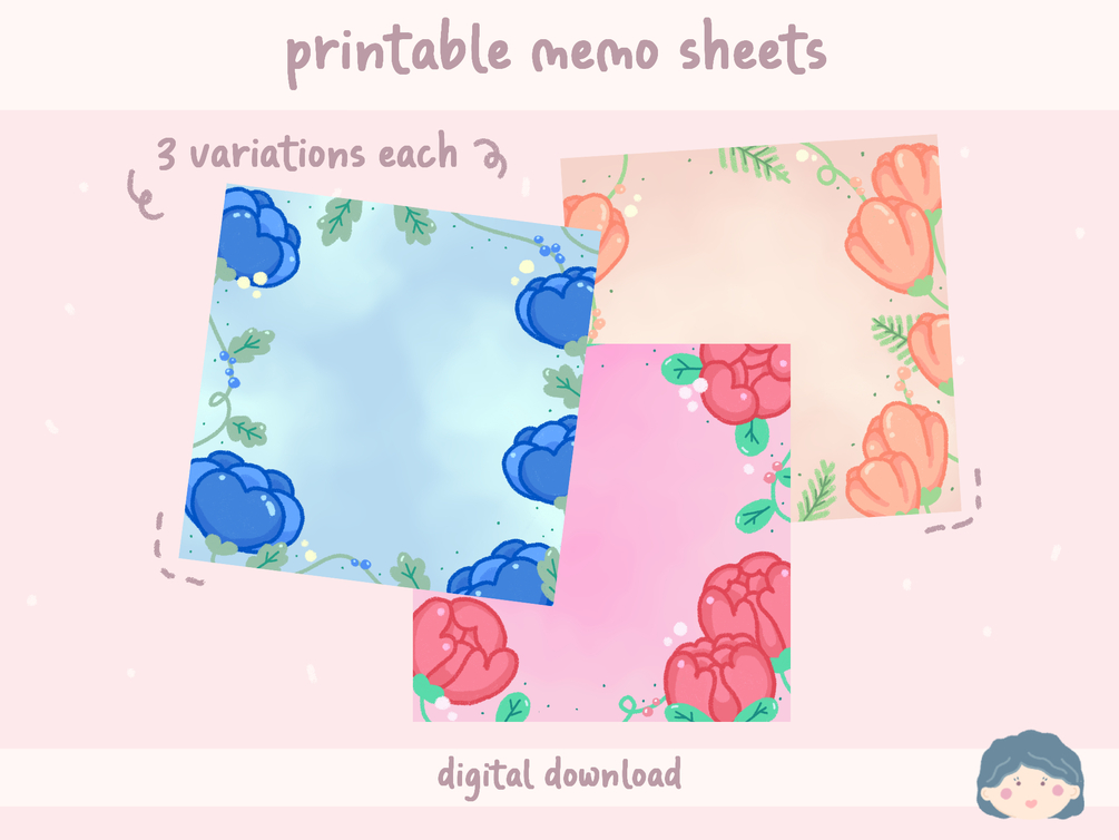Printable memo pads - cute kawaii aesthetic flowers - memo sheets ...