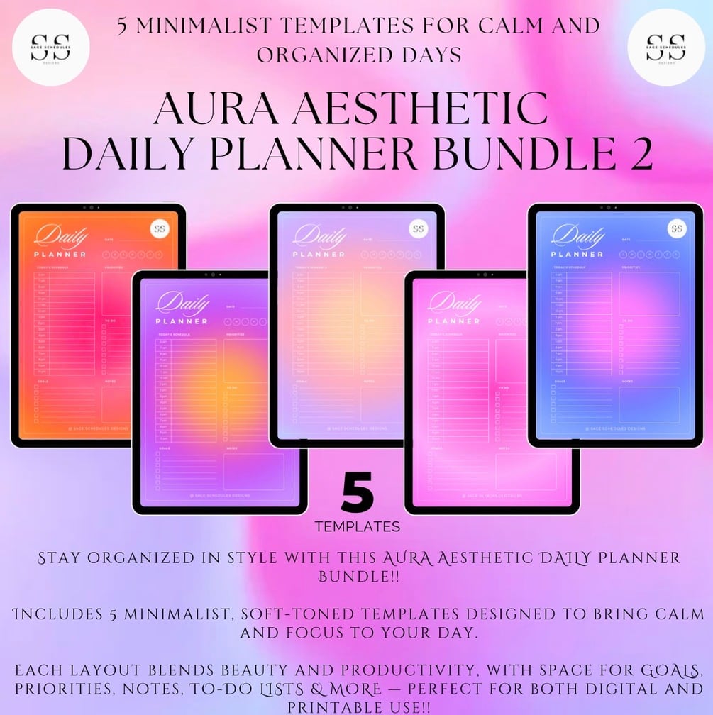Aura Aesthetic Daily Planner Bundle 2 – 5 Minimalist Templates for Calm ...