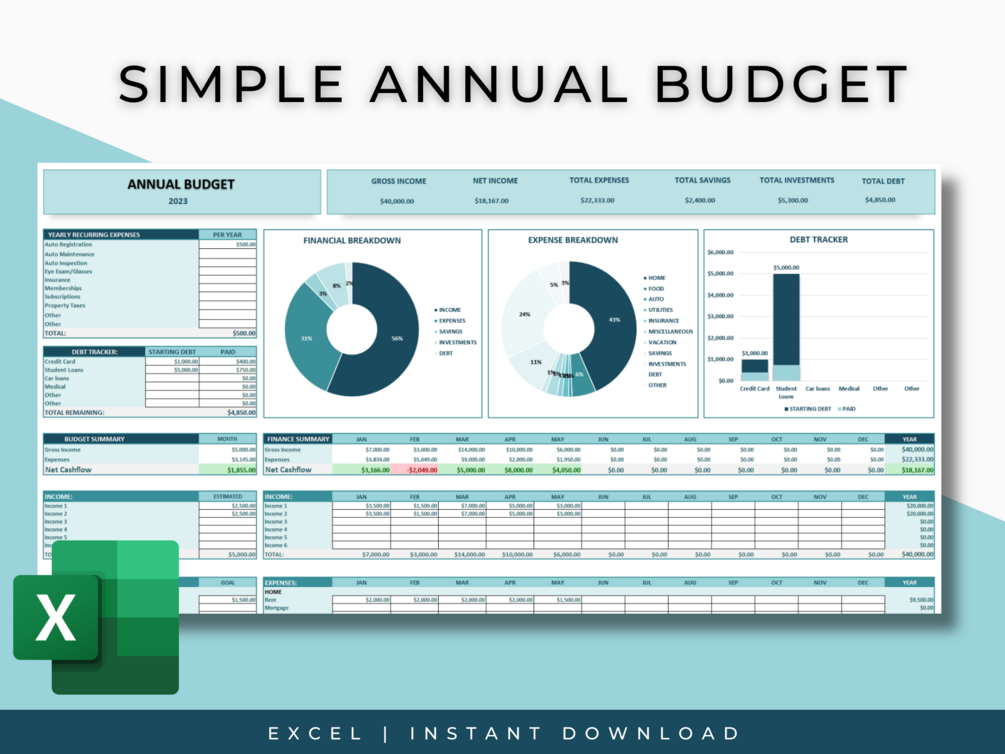 Minimalist Annual Budget Spreadsheet | Blue | Excel