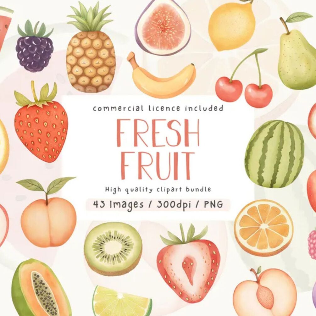 Watercolour Fruit, Clipart Bundle, Cute Fruit Clipart, Fruit ...