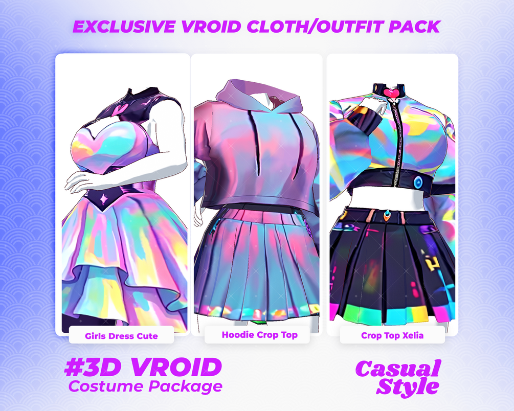 3D VRoid Clothing Pack | Neon Cute Dress, Holographic Hoodie Crop Top ...