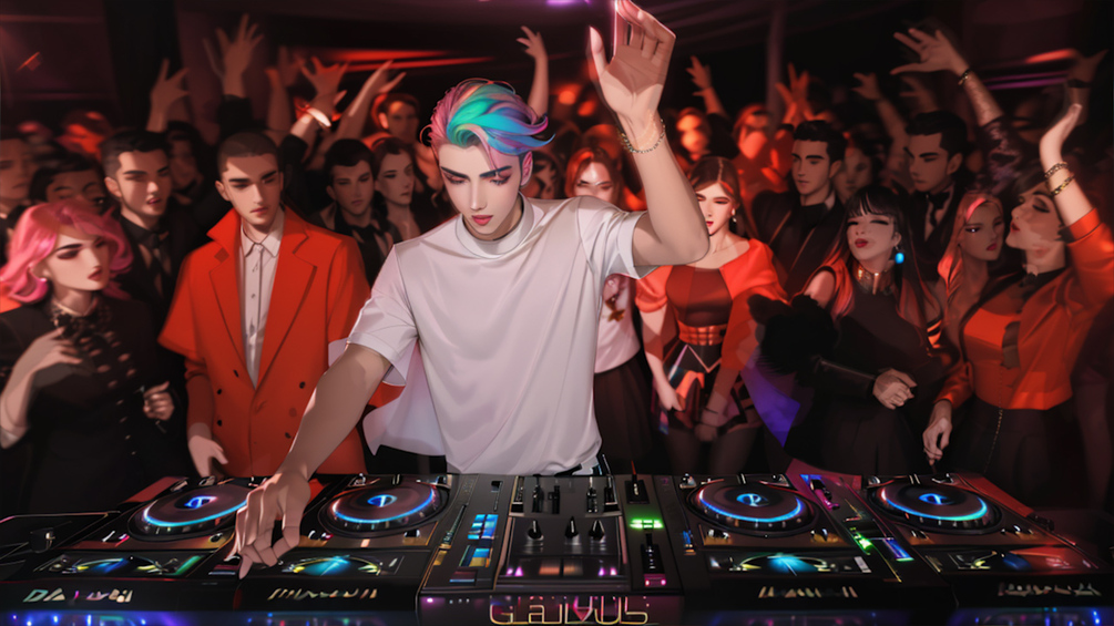 AMAZING GLAM PARTY GUY DJ DJ STAGE INDOOR PUNK BACKGROUND VIBRANT DJ ...