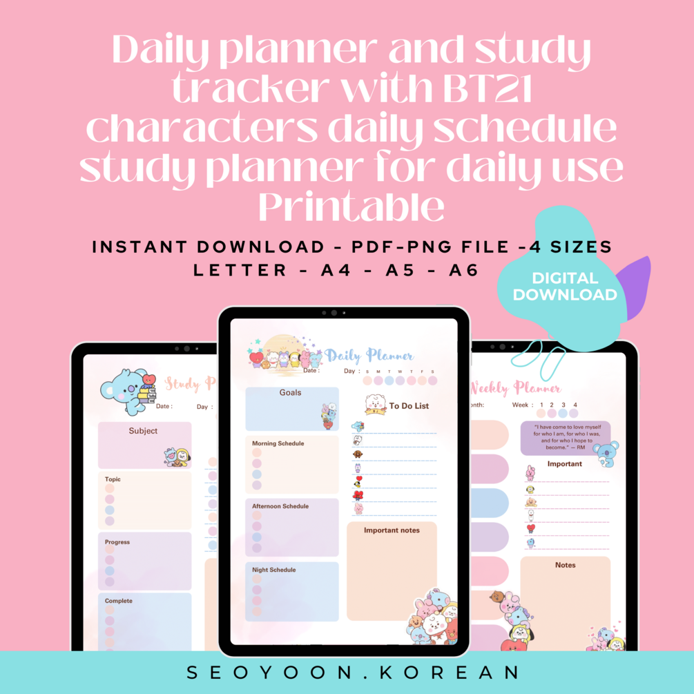Daily planner with theme BT21 characters daily schedule study tracker ...