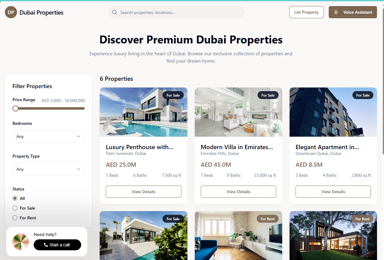 Premium Real Estate Properties Website Template – React + Tailwind + ElevenLabs AI Chat