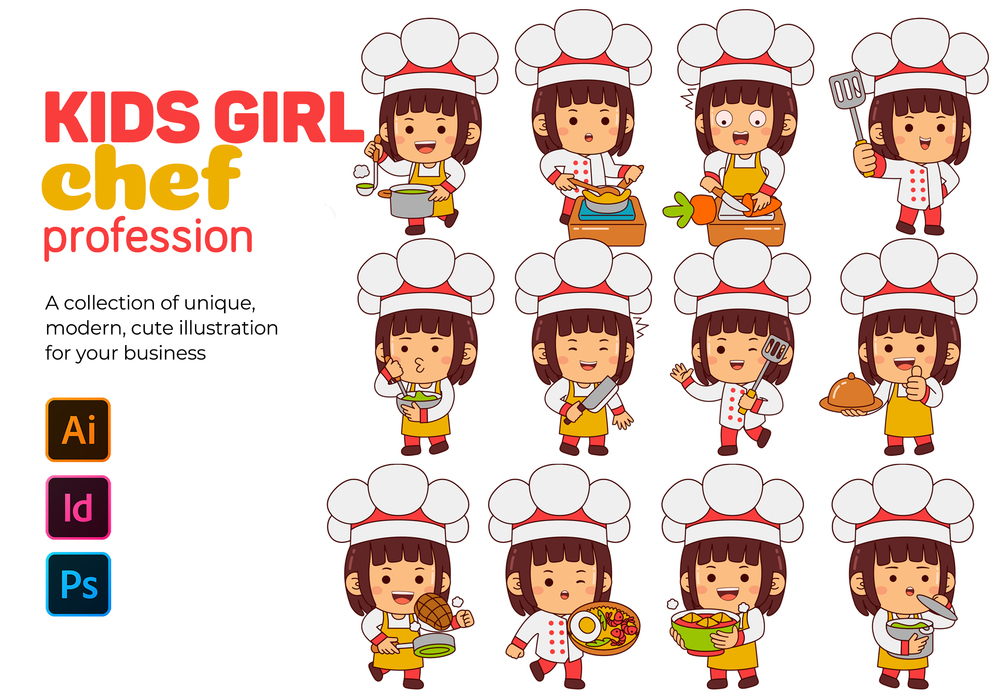 Cute Girl Chef Profession Vector Pack