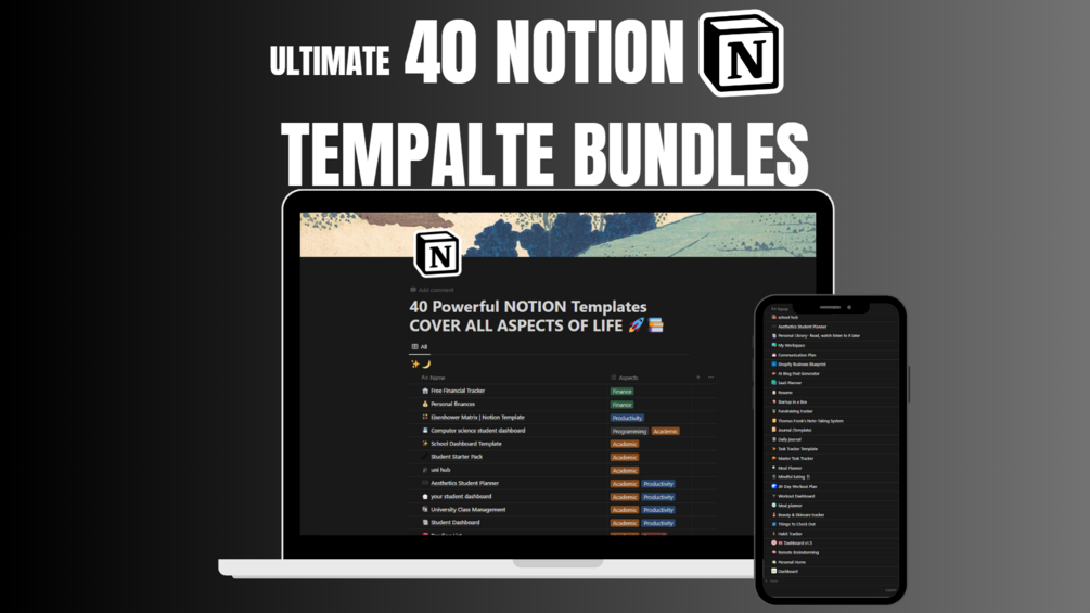 40 NOTION TEMPLATE BUNDLE, All Life Aspect Notion Template, Editable Notion Life Planner ...