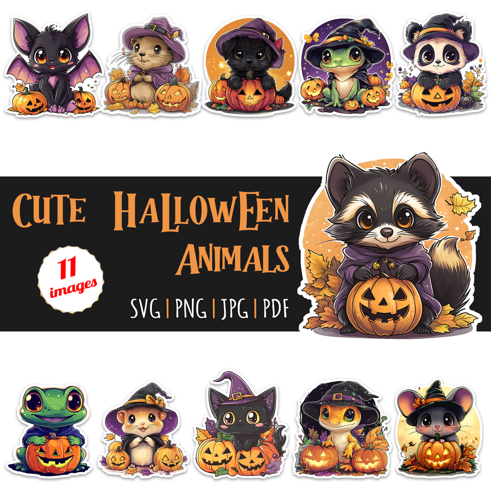 Cute Halloween Animal Sticker Pack, Digital Spooky Clip Art Bundle, PNG ...