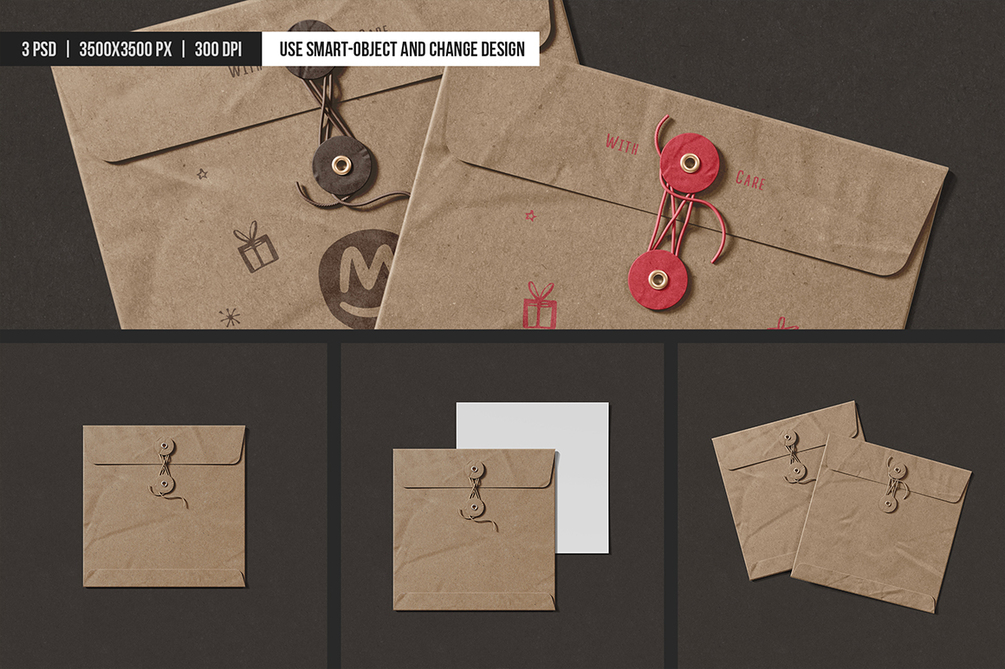 Square Kraft String-Tie Envelope Mockup